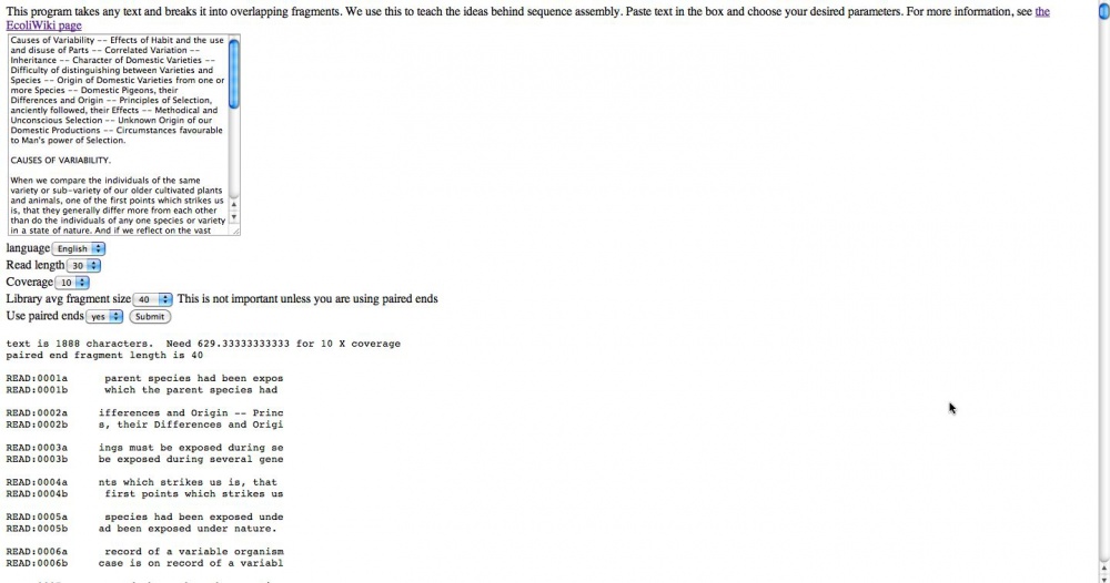 Converting the beginning of The Origin of Species into paired-end reads